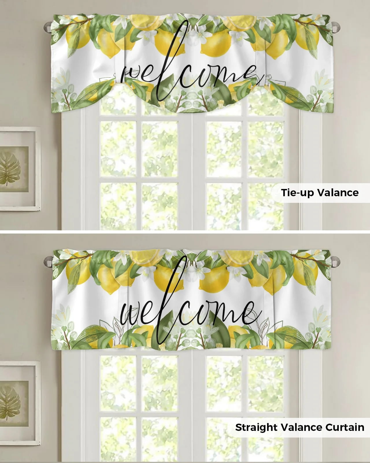 Checkered Letters Lemon Leaves Kitchen Curtains Balcony Adjustable ...