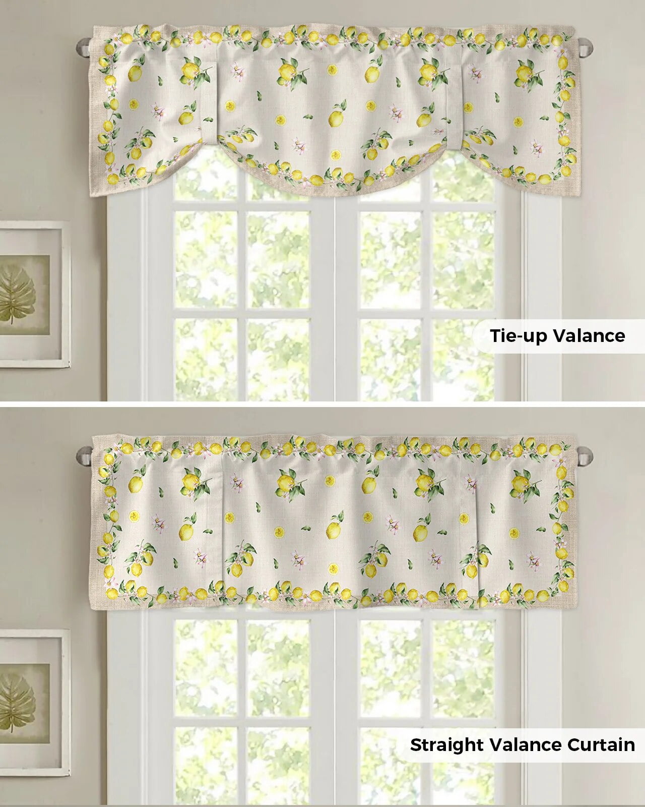 Checkered Letters Lemon Leaves Kitchen Curtains Balcony Adjustable ...