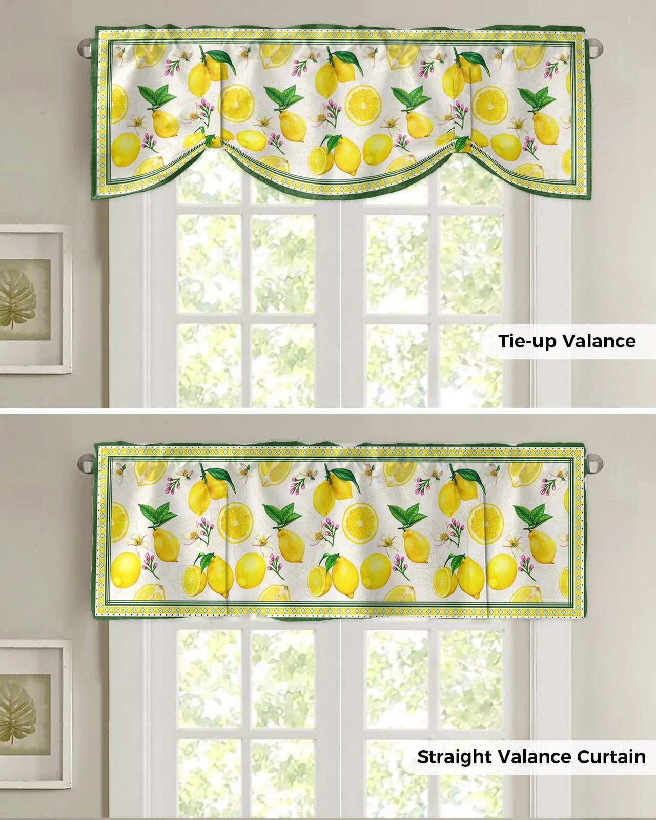 Checkered Letters Lemon Leaves Kitchen Curtains Balcony Adjustable ...