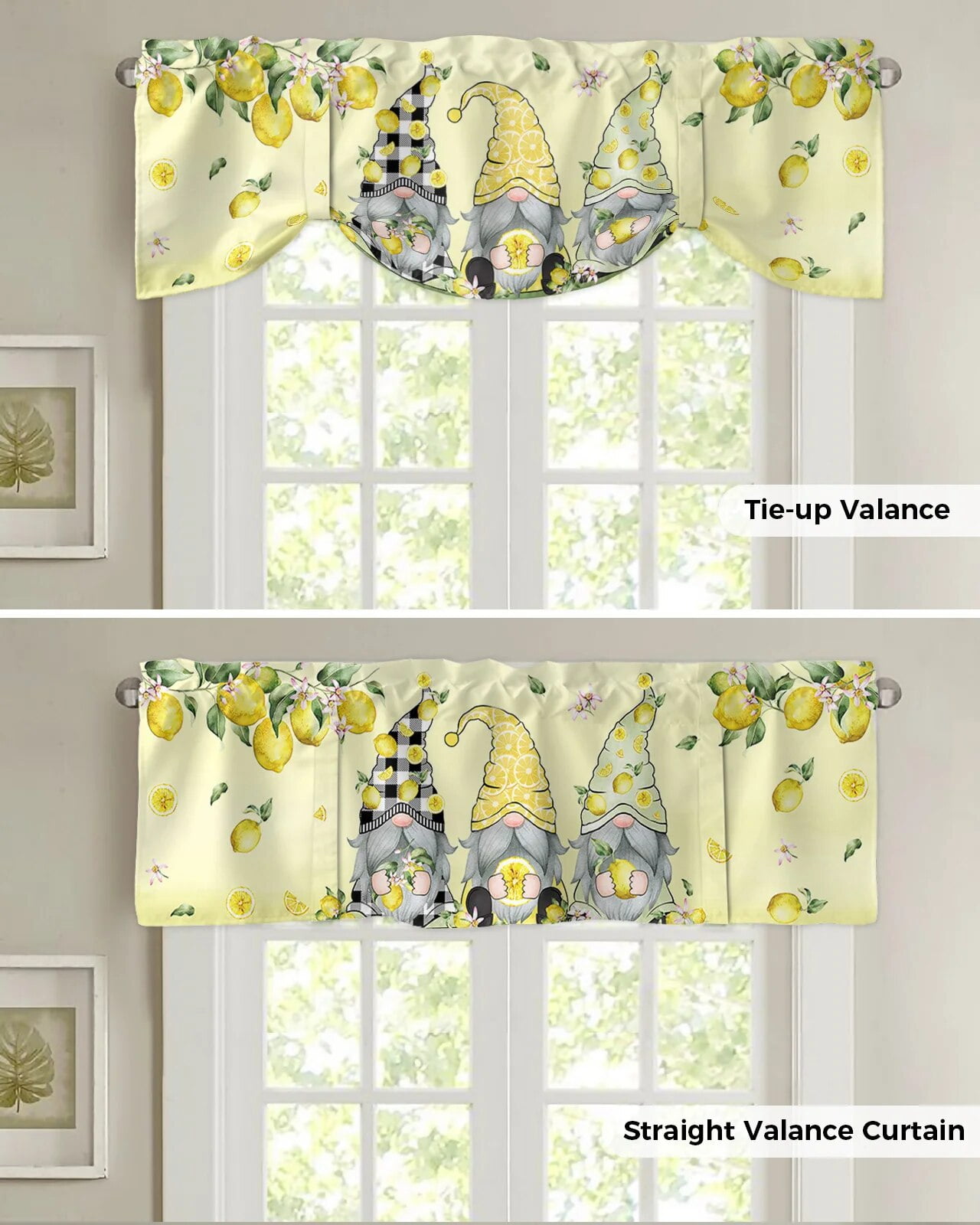 Checkered Letters Lemon Leaves Kitchen Curtains Balcony Adjustable ...