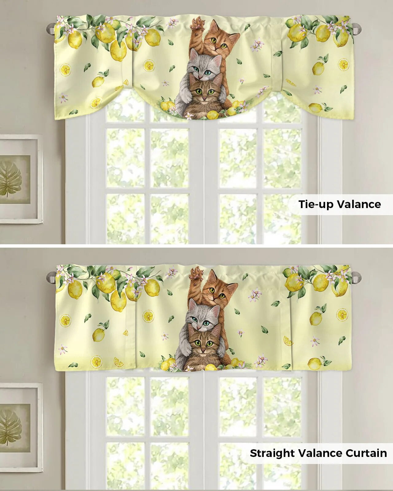 Checkered Letters Lemon Leaves Kitchen Curtains Balcony Adjustable ...