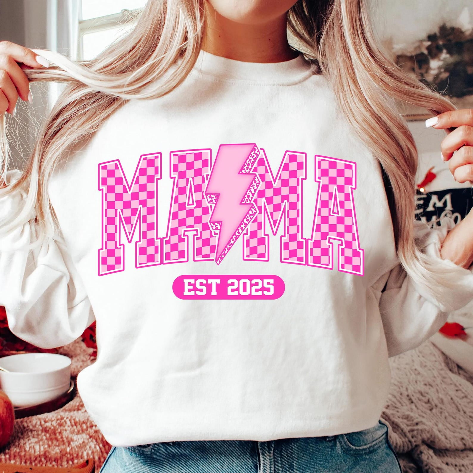 Checkered Mama Bow Varsity Sweatshirt, Mother’s Day Crewneck, Pink Mama Lightning Bolt Glitter ...