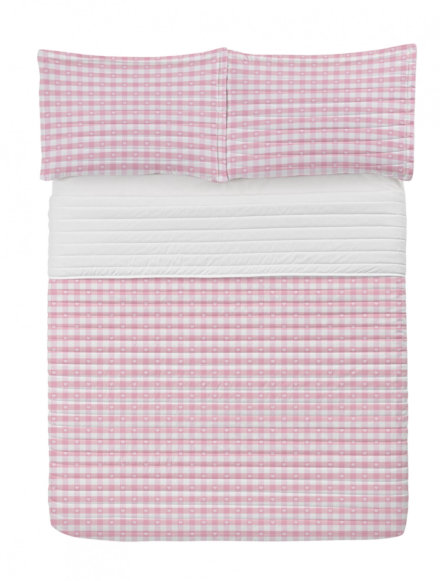Checkered Microfiber Bedspread Set, Romantic Pattern with Little Hearts ...