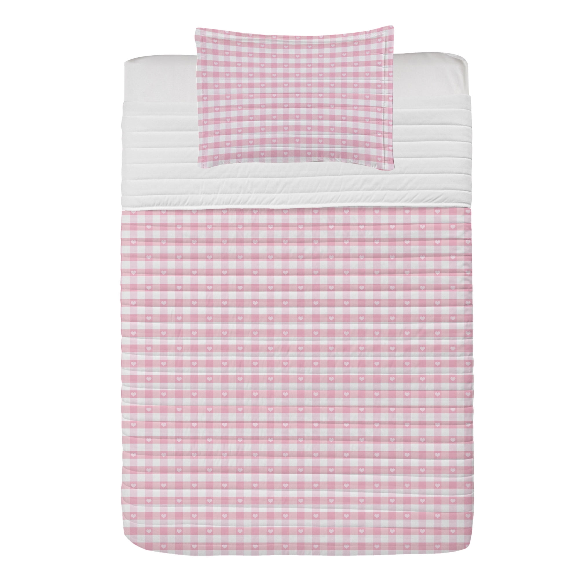 Checkered Microfiber Bedspread Set, Romantic Pattern with Little Hearts ...