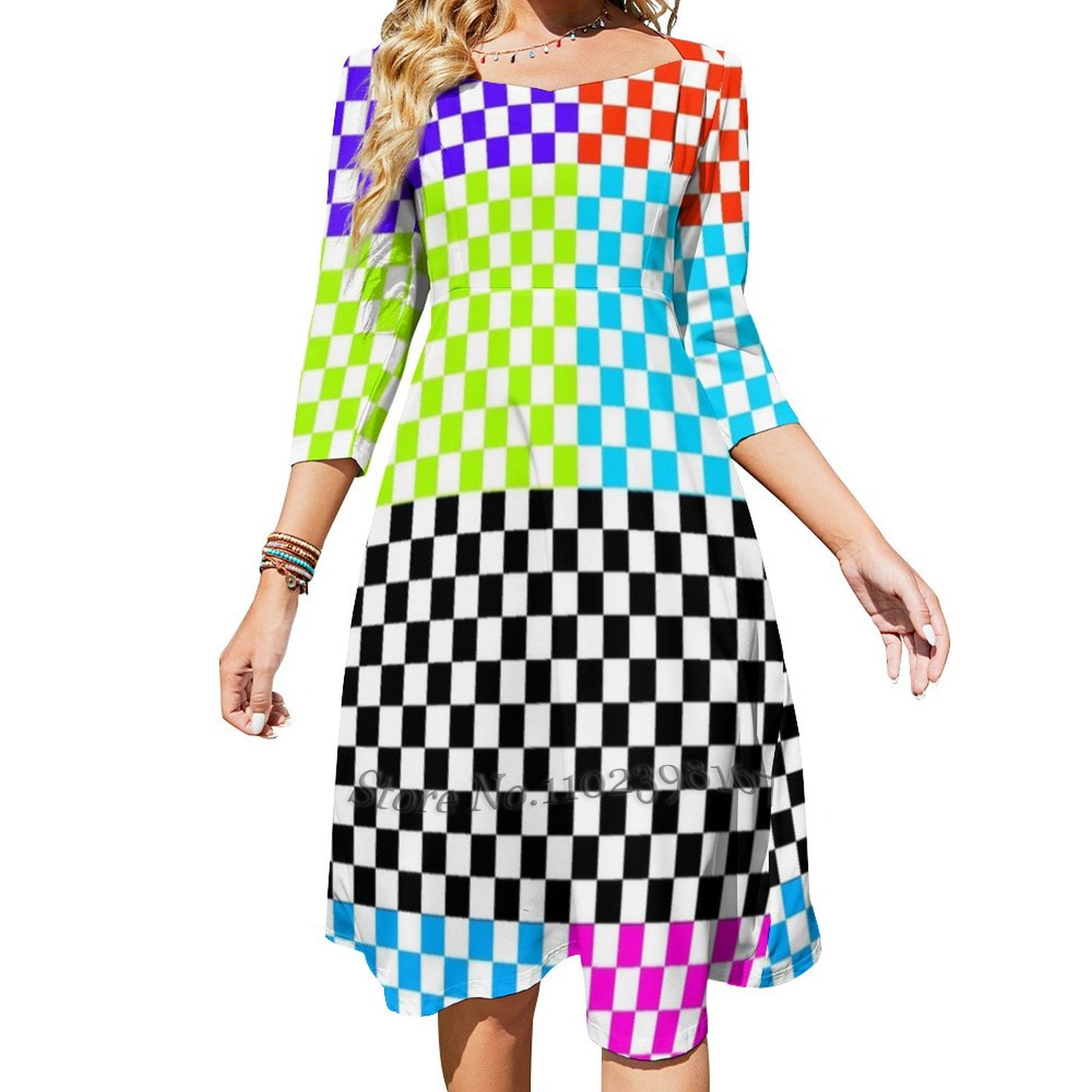 Checkered Multi Sweetheart Knot Flared Dress Fashion Design Large Size ...