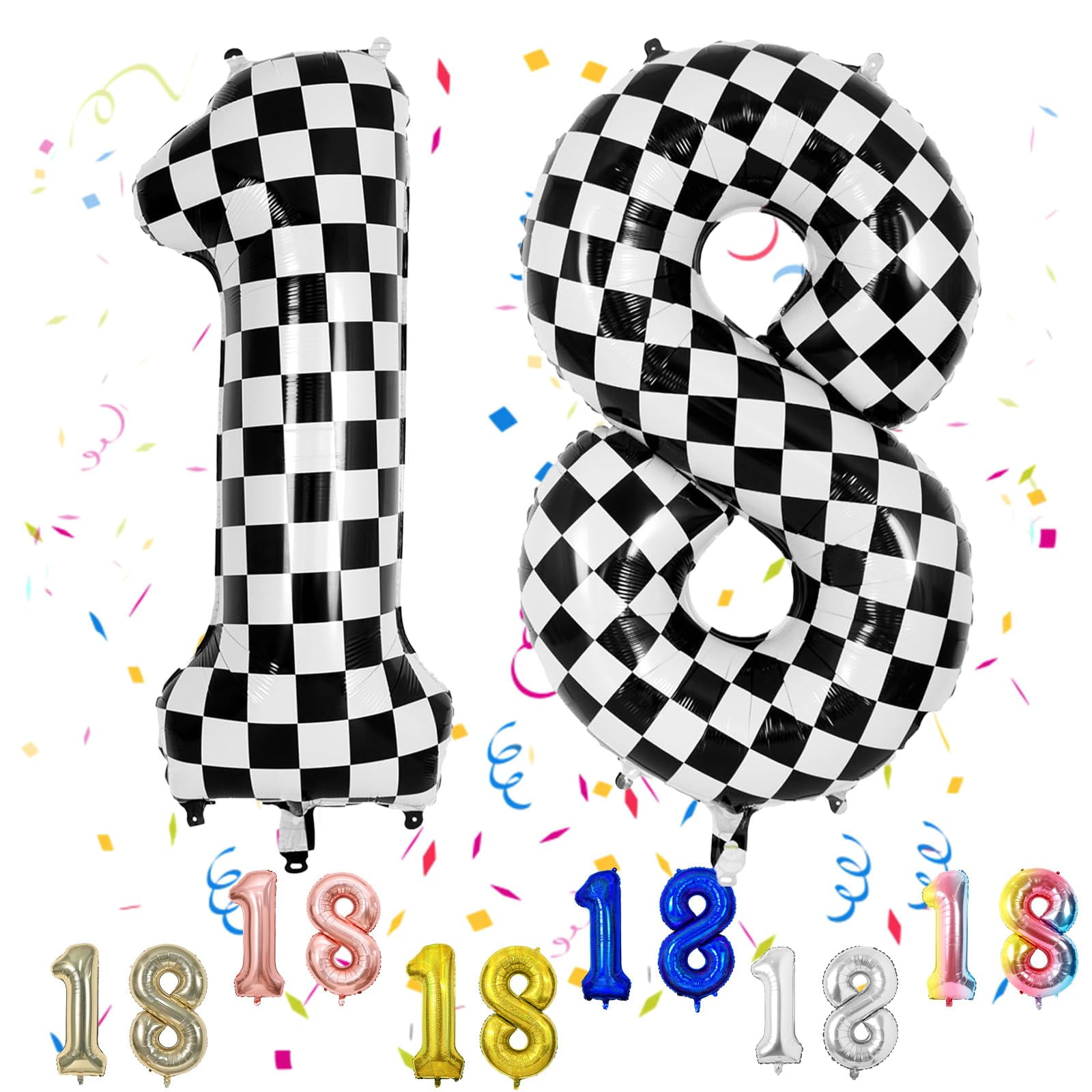 Checkered Number 18 Balloons, 18th Birthday AFN1Balloon, 40inch Black ...