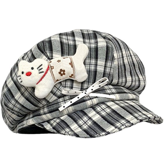 Checkered Octagonal Hat With Lovely Cats Bowknot Detail Breathable ...