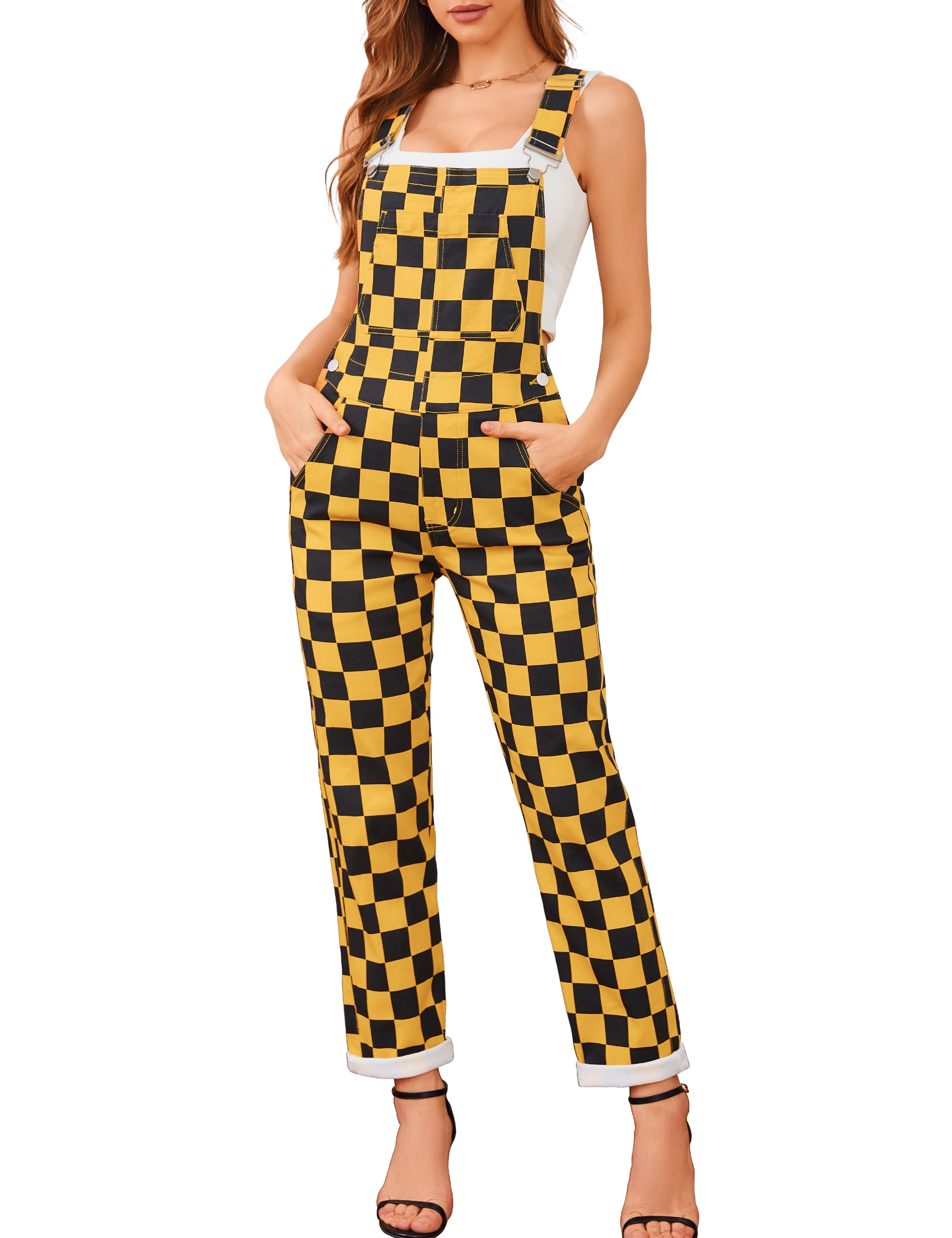 Checkered Pants Womens Overalls Denim Bib Coveralls Cute Stretch Jeans ...