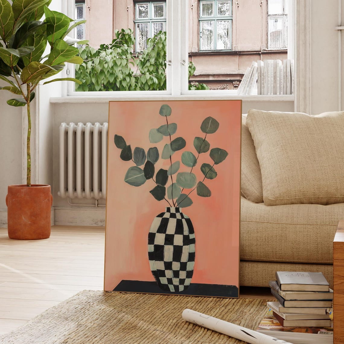 Checkered Pastel Flower Pot Wall Art, Retro Eucalyptus Branches Print ...