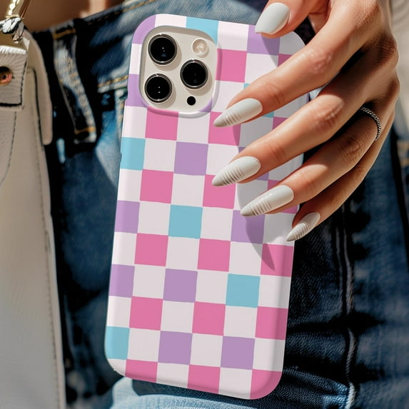 Checkered Pastel Pink Purple Blue Aesthetic Case for iPhone 17 16 15 14 ...