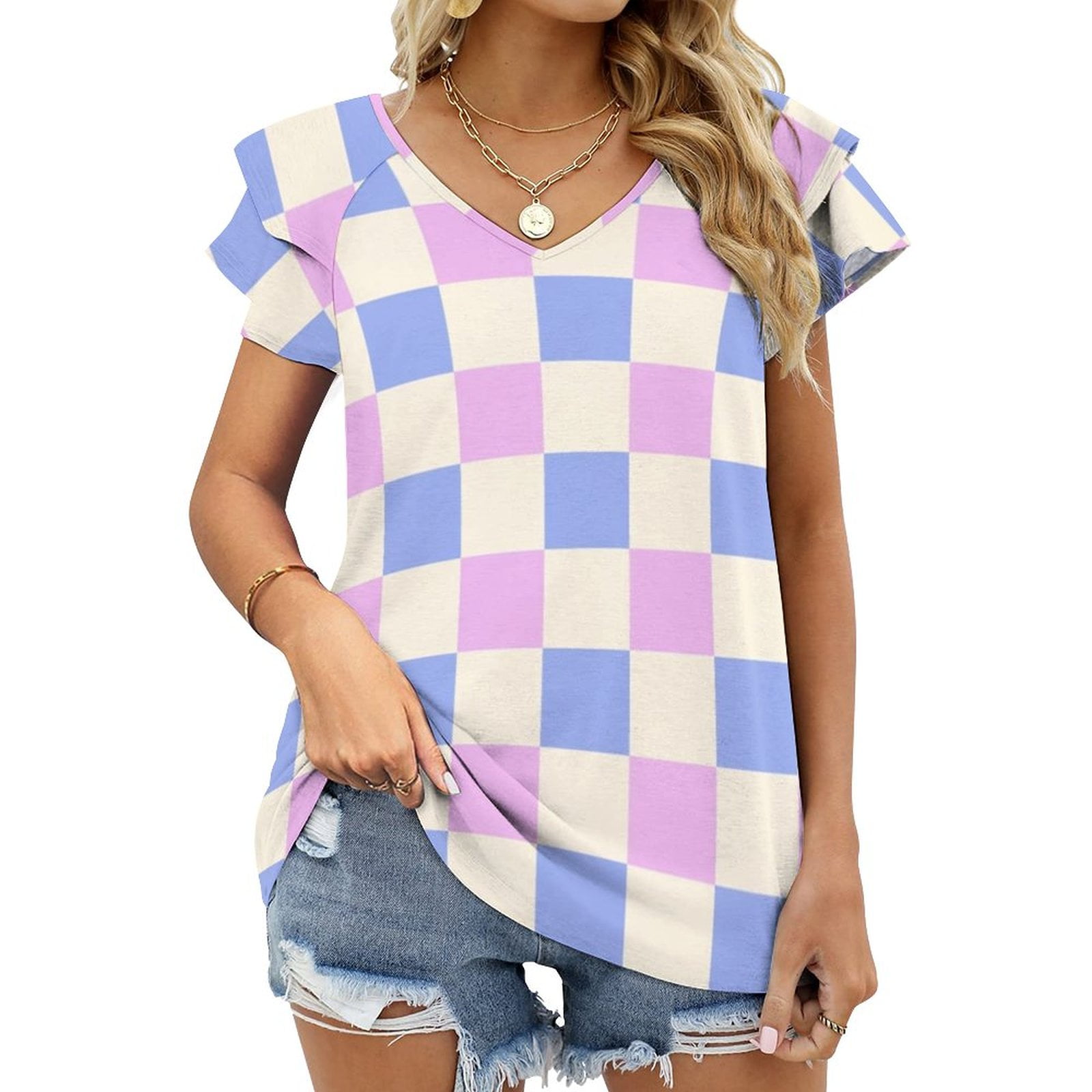 Checkered Pattern ( Blue Pink ) Lotus Leaf Neck T-Shirt Long Sleeve ...