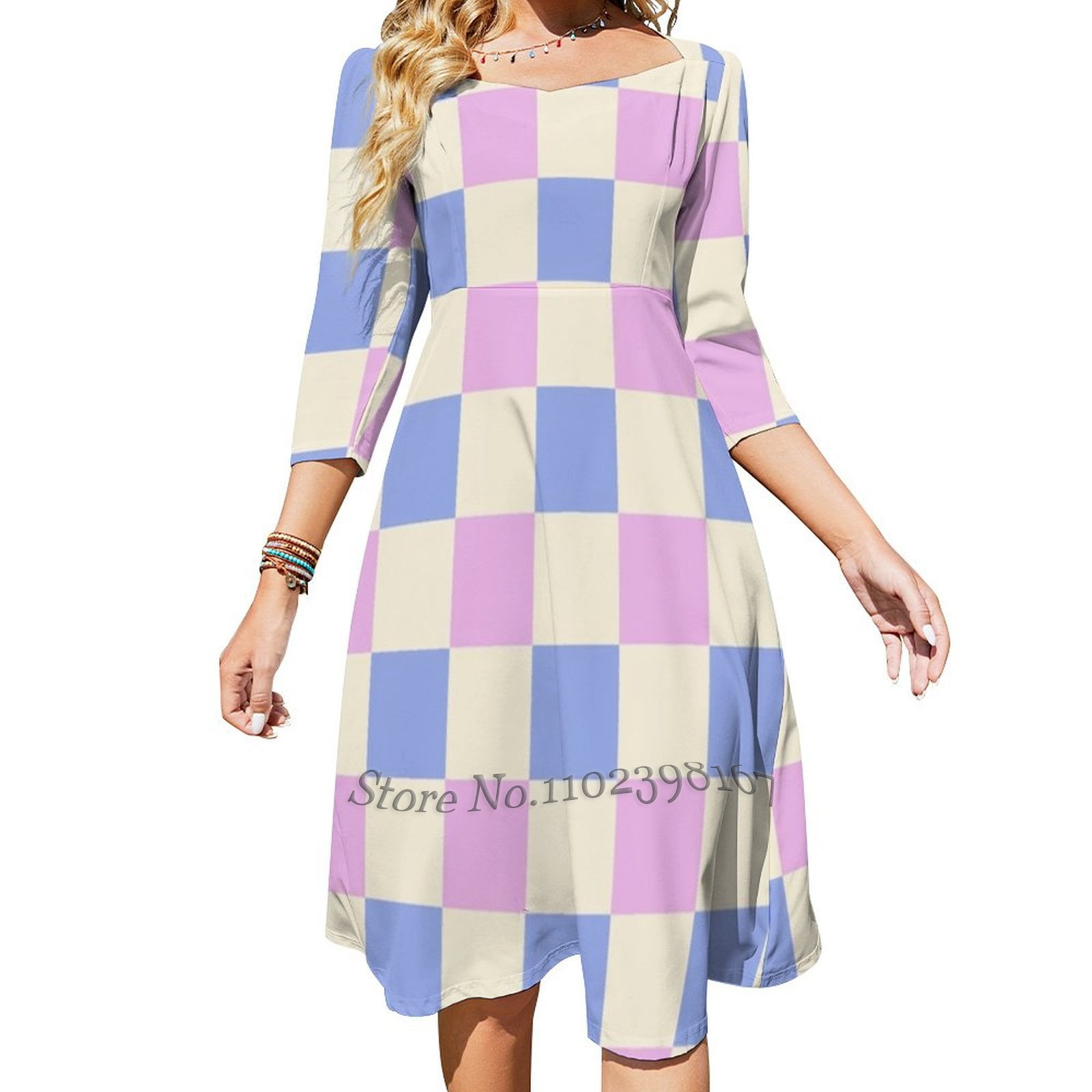 Checkered Pattern ( Blue Pink ) Sweet Elegant Dress Women Korean Kawaii ...