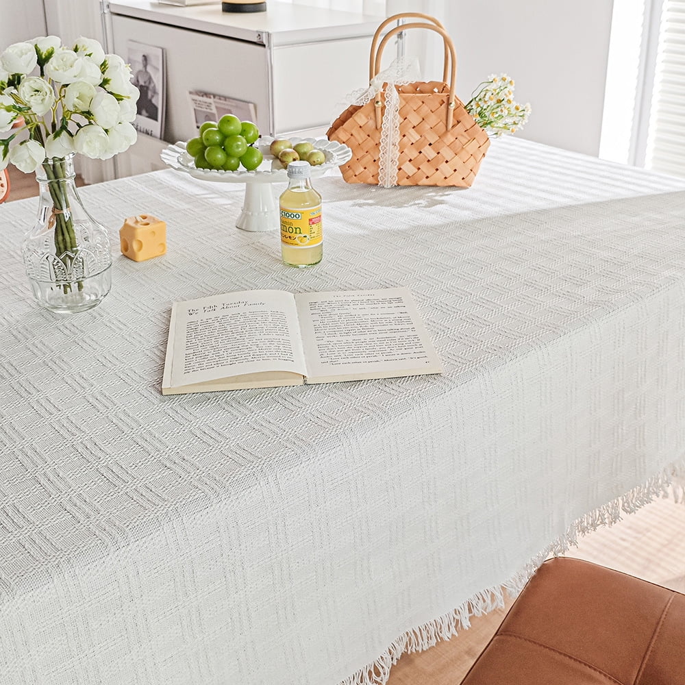 Checkered Pattern Tablecloth Rectangle, Moon White Knitting Fresh Table ...