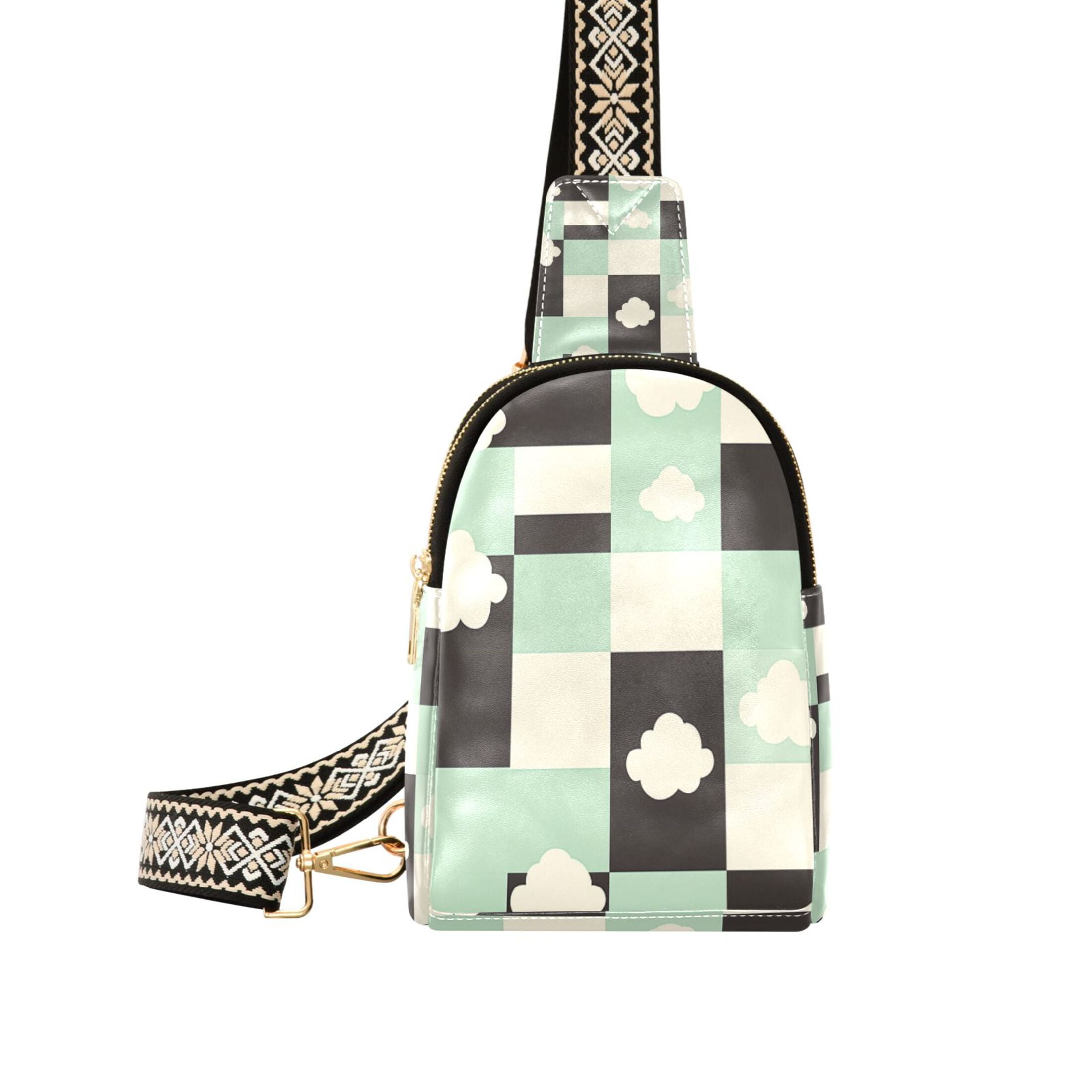 Checkered Pattern with Clouds Women's PU Leather Crossbody Bag, Dual ...