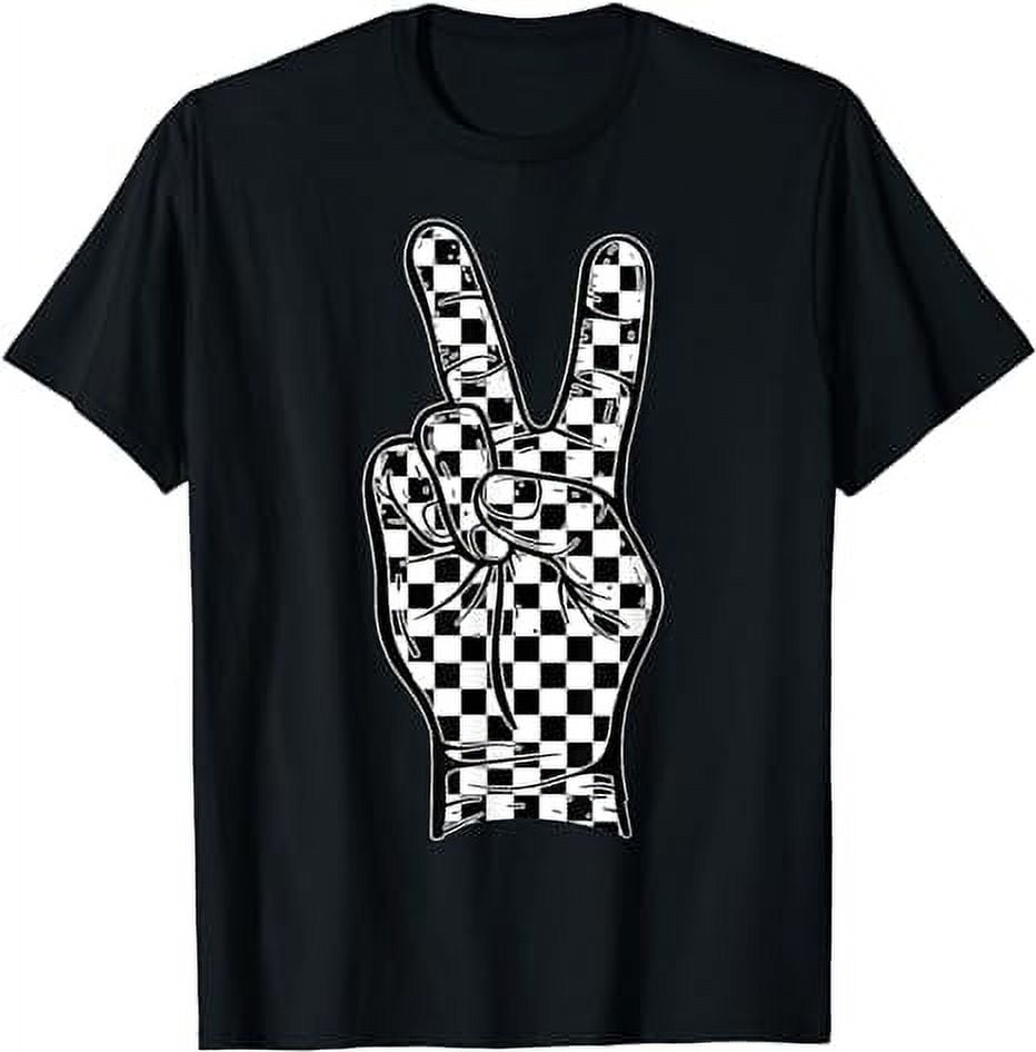 Checkered Peace Sign Hand Sign Race Car Racing Flag Pit Crew T-Shirt ...