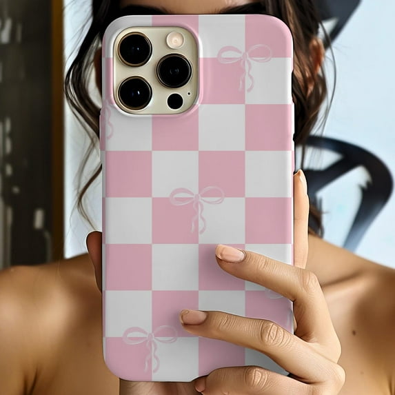 Checkered Pink Bow Girly Classic Style Phone Case 17 16 15 14 13 12 11 ...