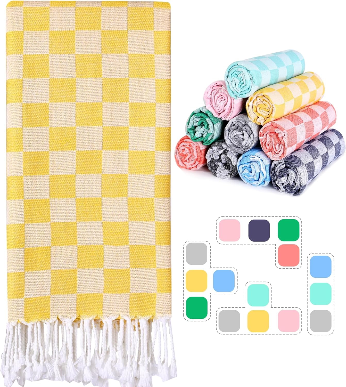 Checkered Plaid Cotton Turkish Beach Towels Extra Large Sand Proof Soft ...