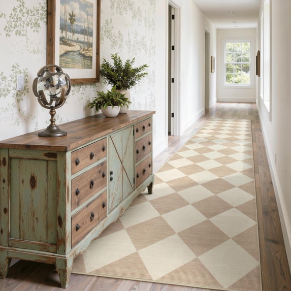 Checkered Print Carpet Runners For Hallway 12ft Beige Neutral Washable ...
