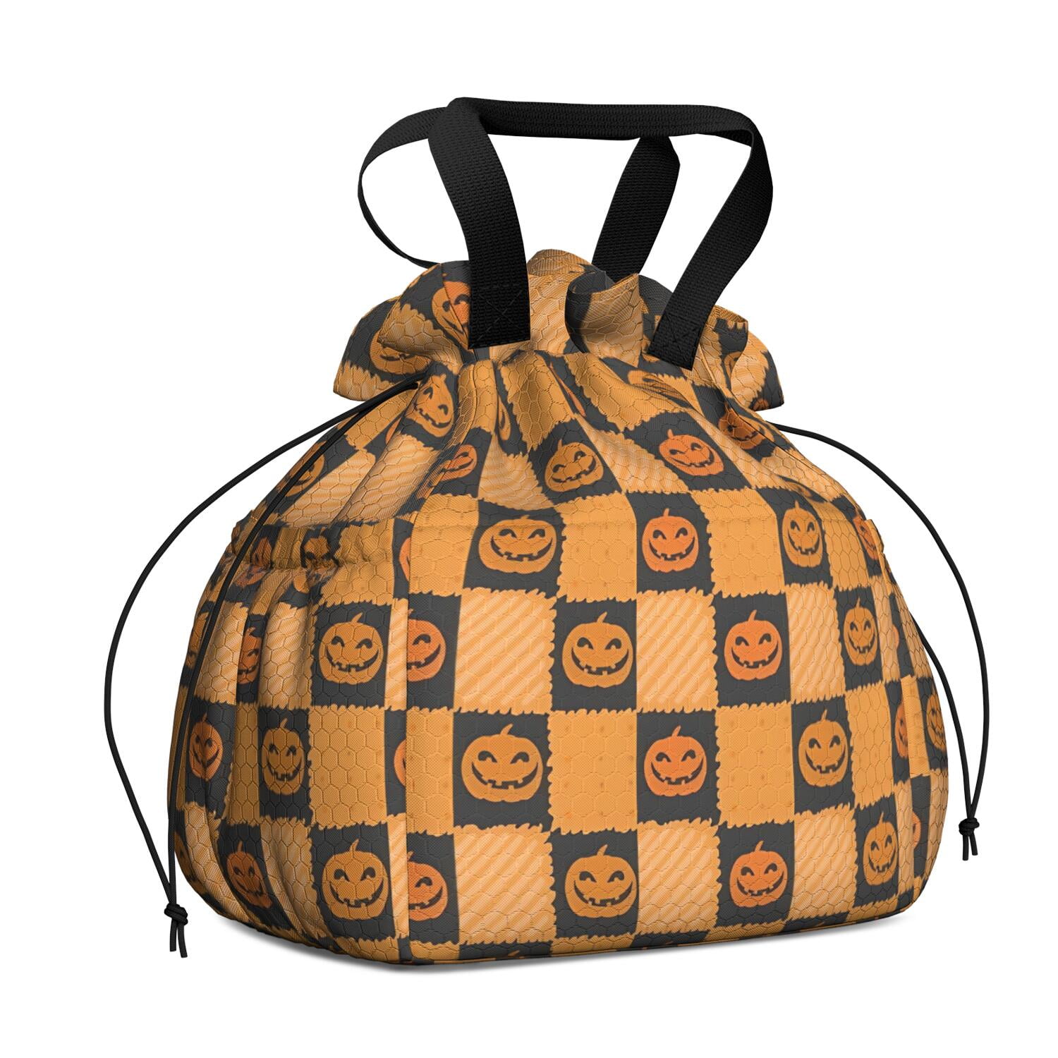Checkered Pumpkin Halloween Pattern Drawstring Lunch Bag Women ...