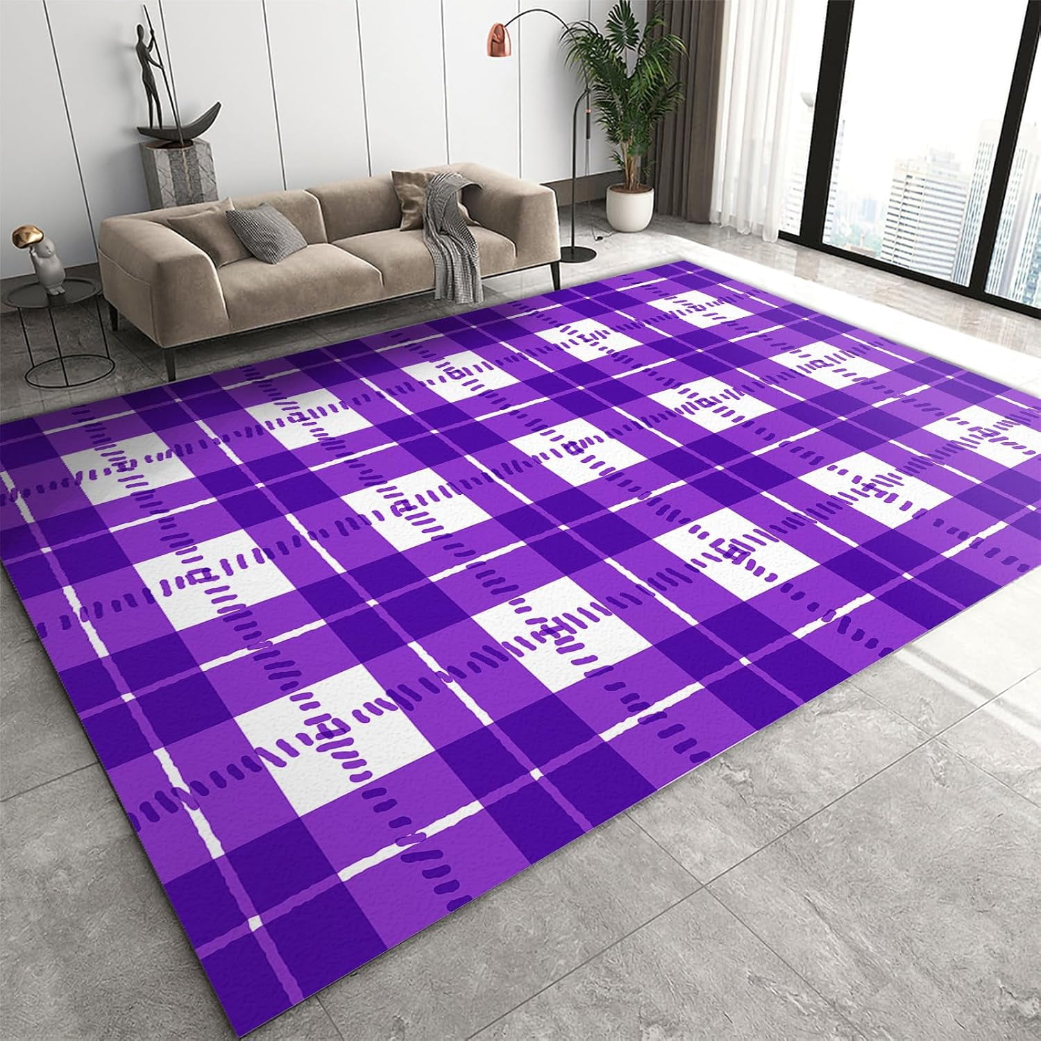 Checkered Purple Rug, Watercolor Purple Plaid Non Slip Throw Accent Rug ...
