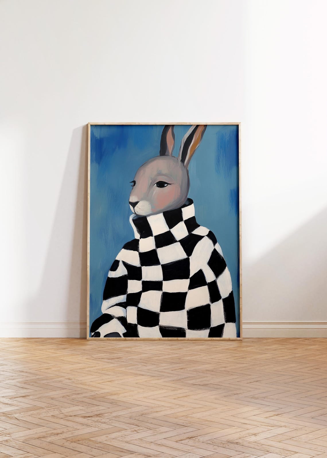 Checkered Rabbit Wall Art, Checker Sweater Print, Blue Decor, Retro ...