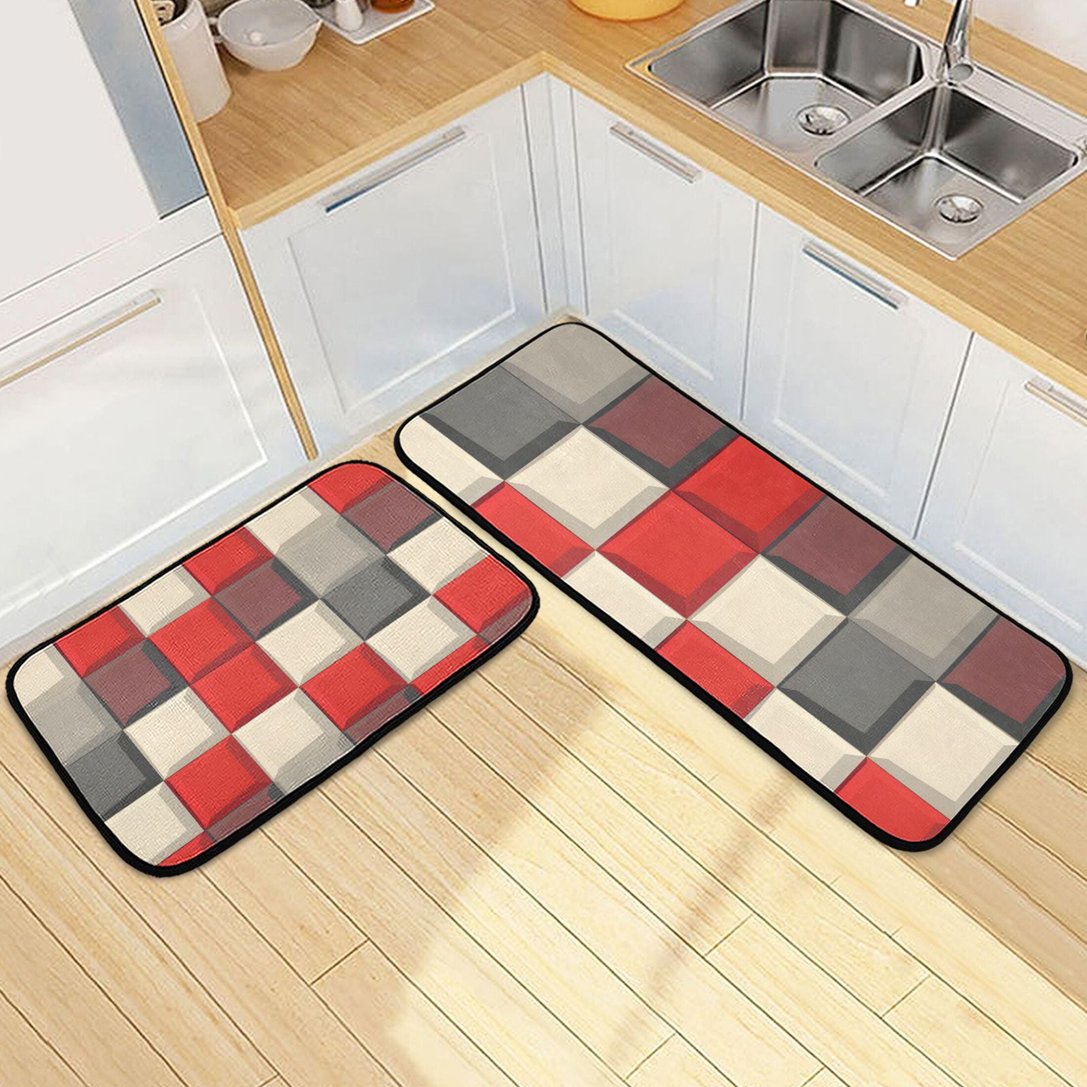 Checkered Red and Gray Kitchen Rugs Set Non Slip Mats Runner for Dining ...