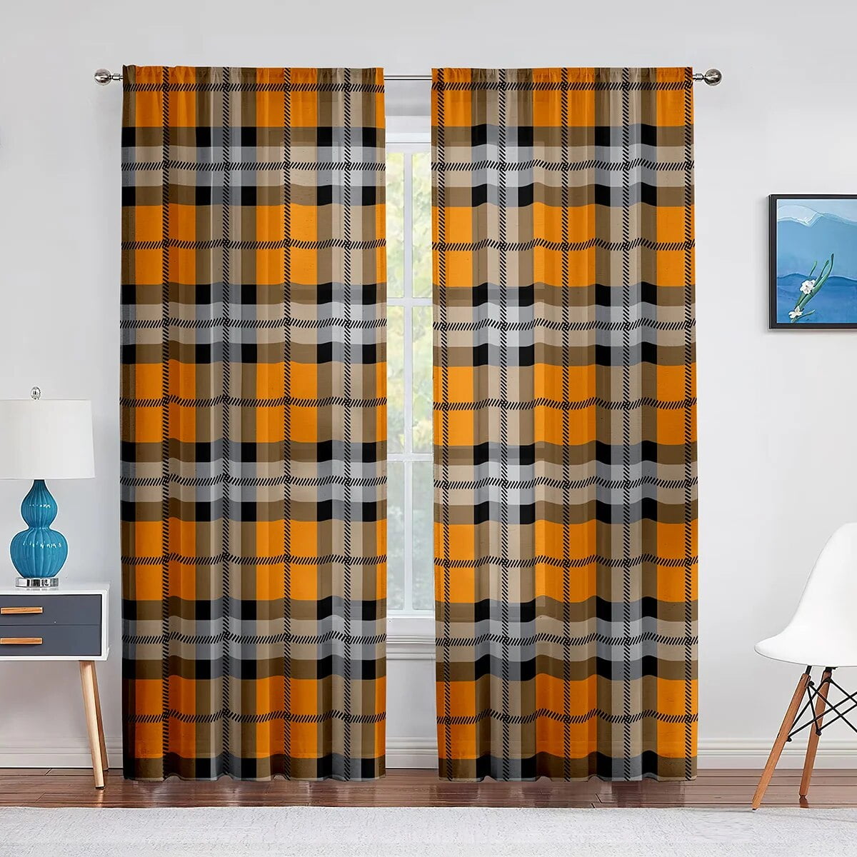 Checkered Retro Black Yellow Striped Tulle Window Curtains for Living ...