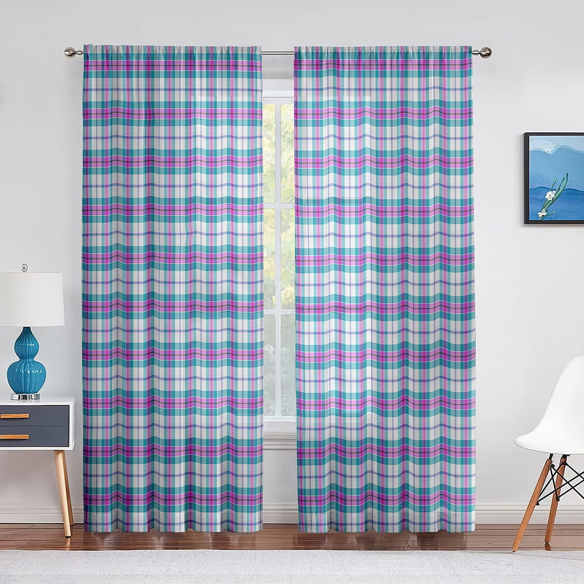 Checkered Retro Black Yellow Striped Tulle Window Curtains for Living ...