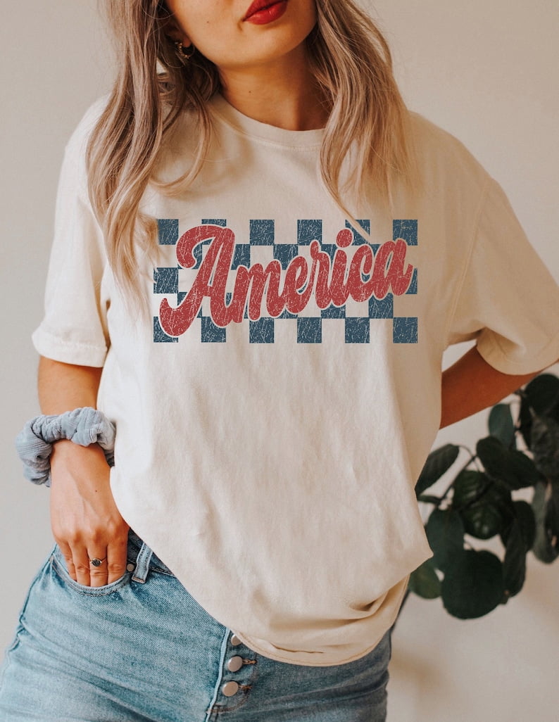 Checkered Retro USA Shirt, Red White and Blue Patriotic Tee, 4th of ...