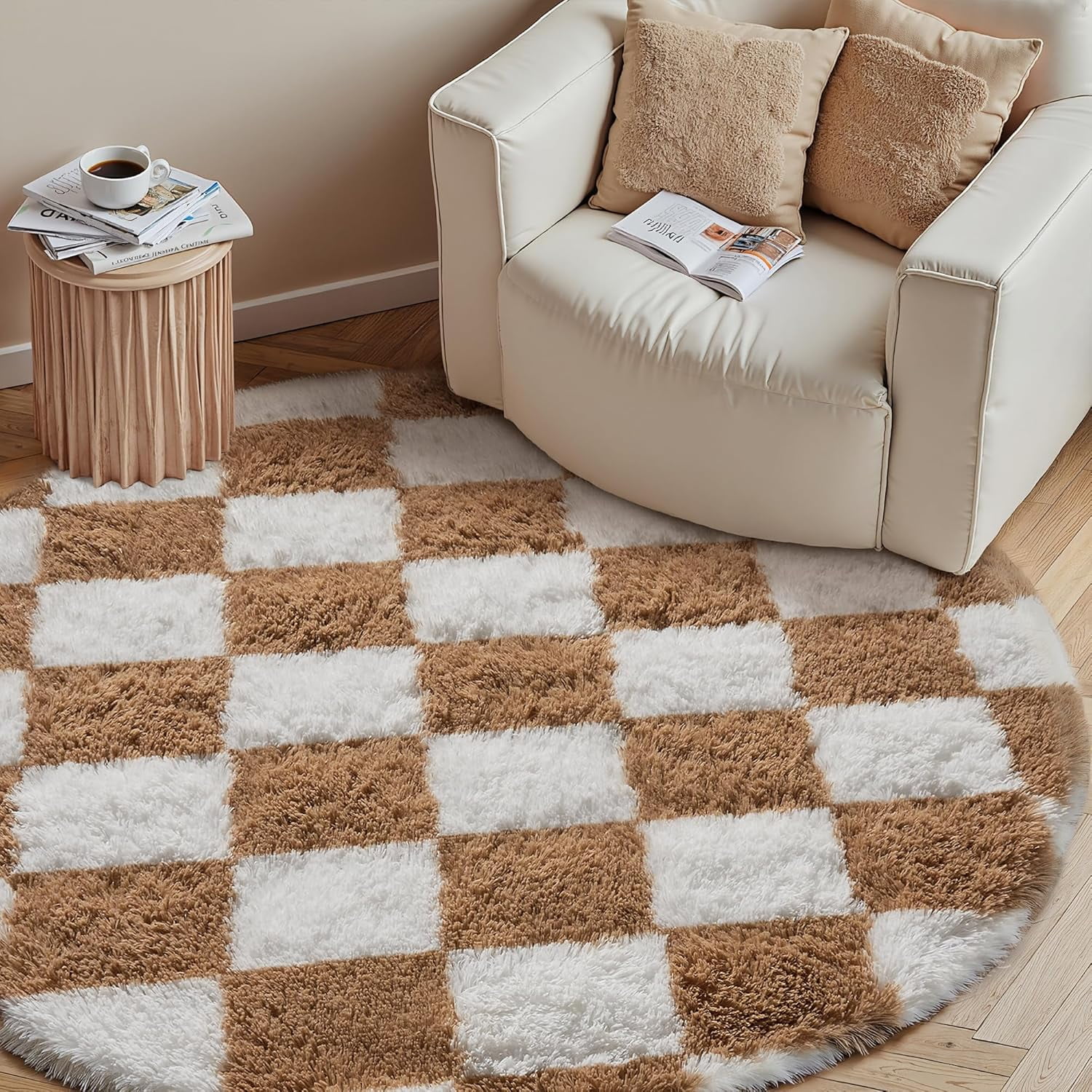 Checkered Rug 4x4 for Living Room, Beige and White Modern Shag Rug ...
