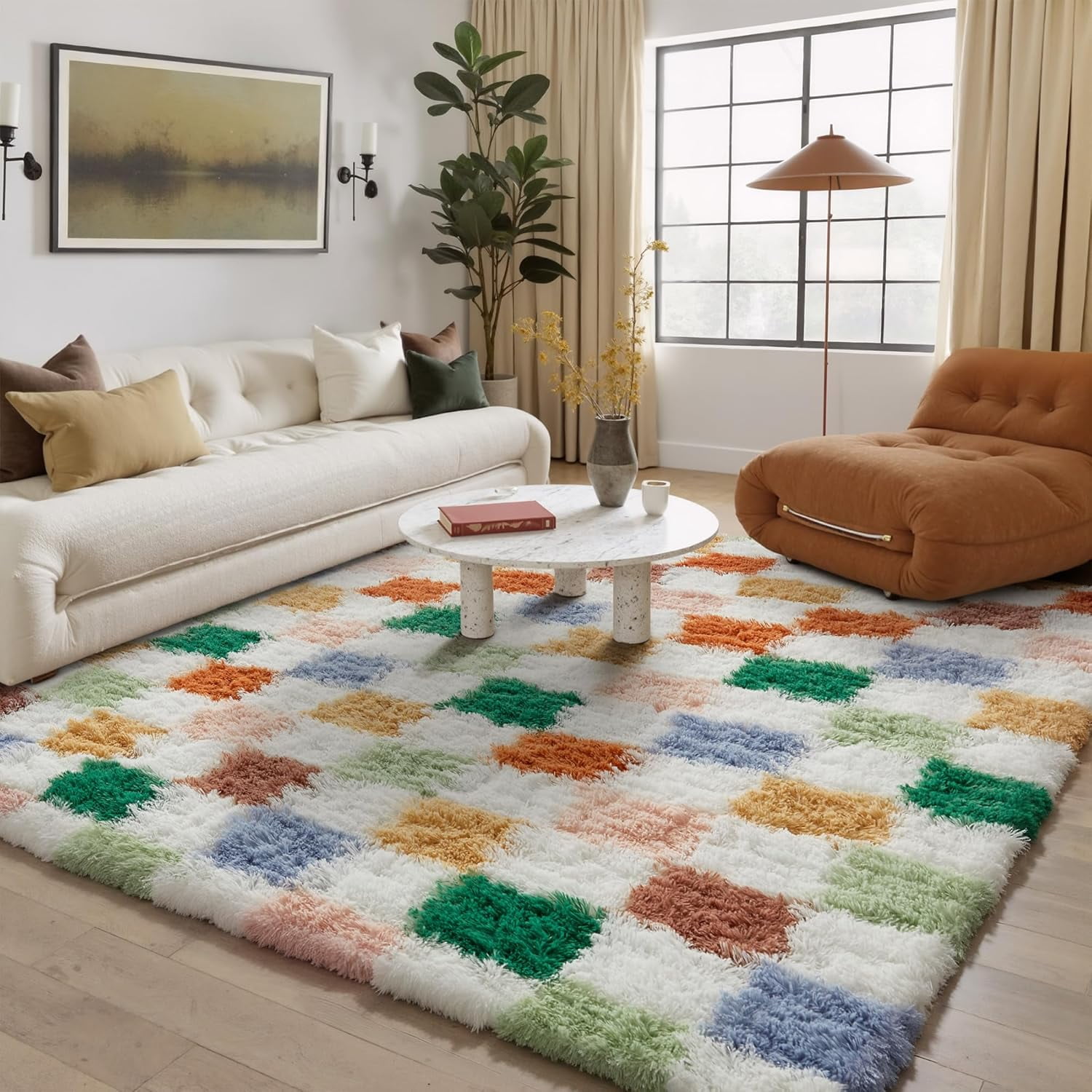 Checkered Rug 4x6 for Living Room, Modern Neutral Shag Rug Shag Rug ...