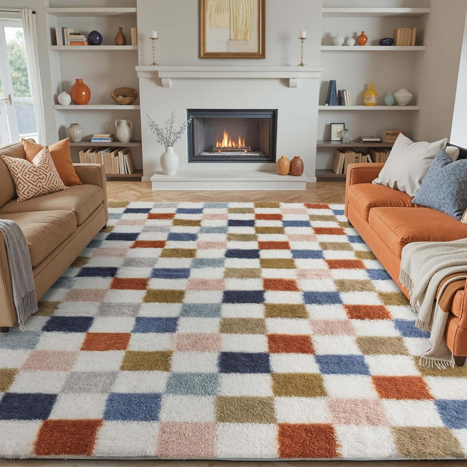 Checkered Rug 8x10 for Living Room, Modern Rainbow Shag Rug Washable ...