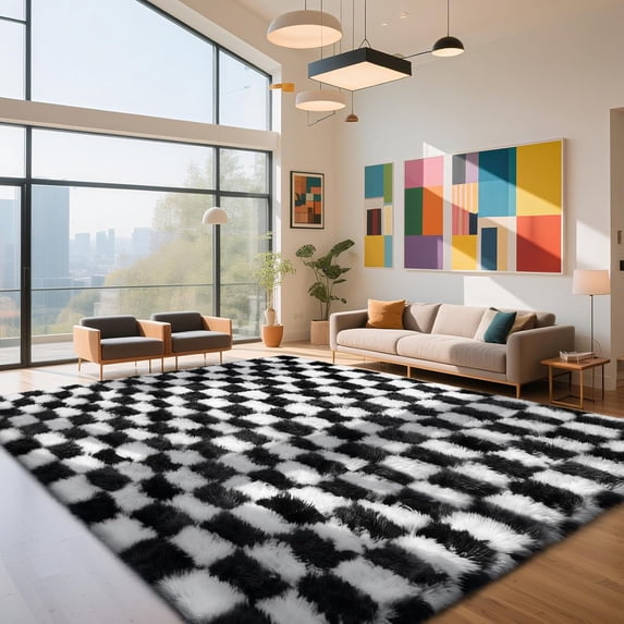 Checkered Rug for Living Room, 8x10 Black and White Area Rugs, Classic ...