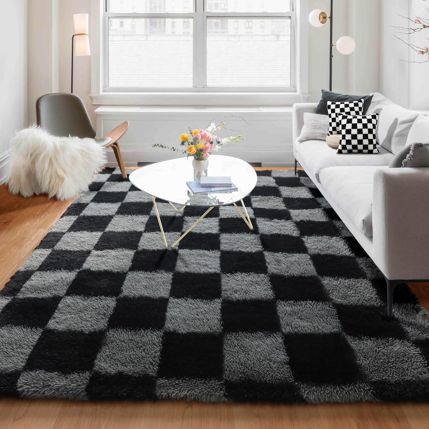 Checkered Rugs for Living Room 5x8 Black and Grey, Fluffy Fuzzy Plush ...