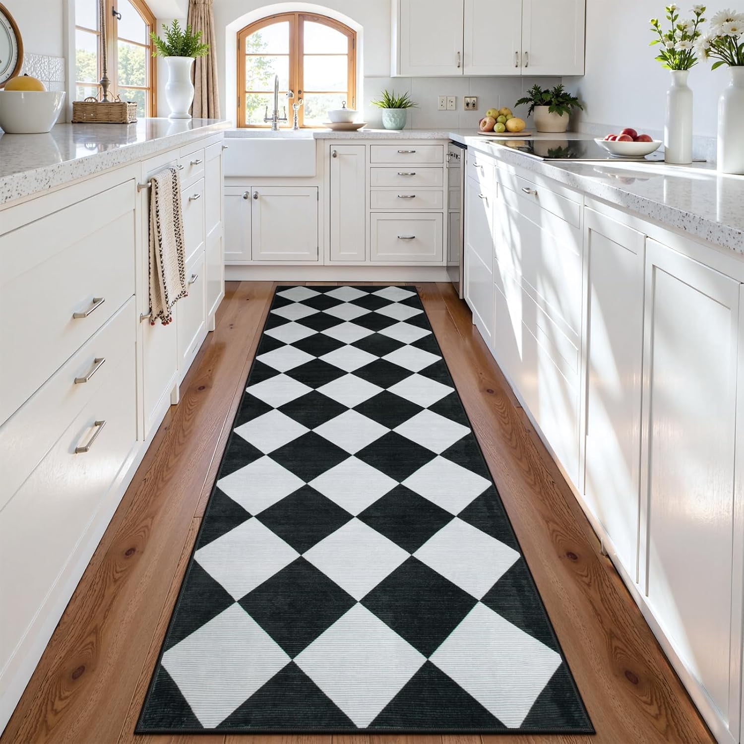 Checkered Runners for Hallways 2.5x8, Ultra Thin Black Kitchen Runners ...