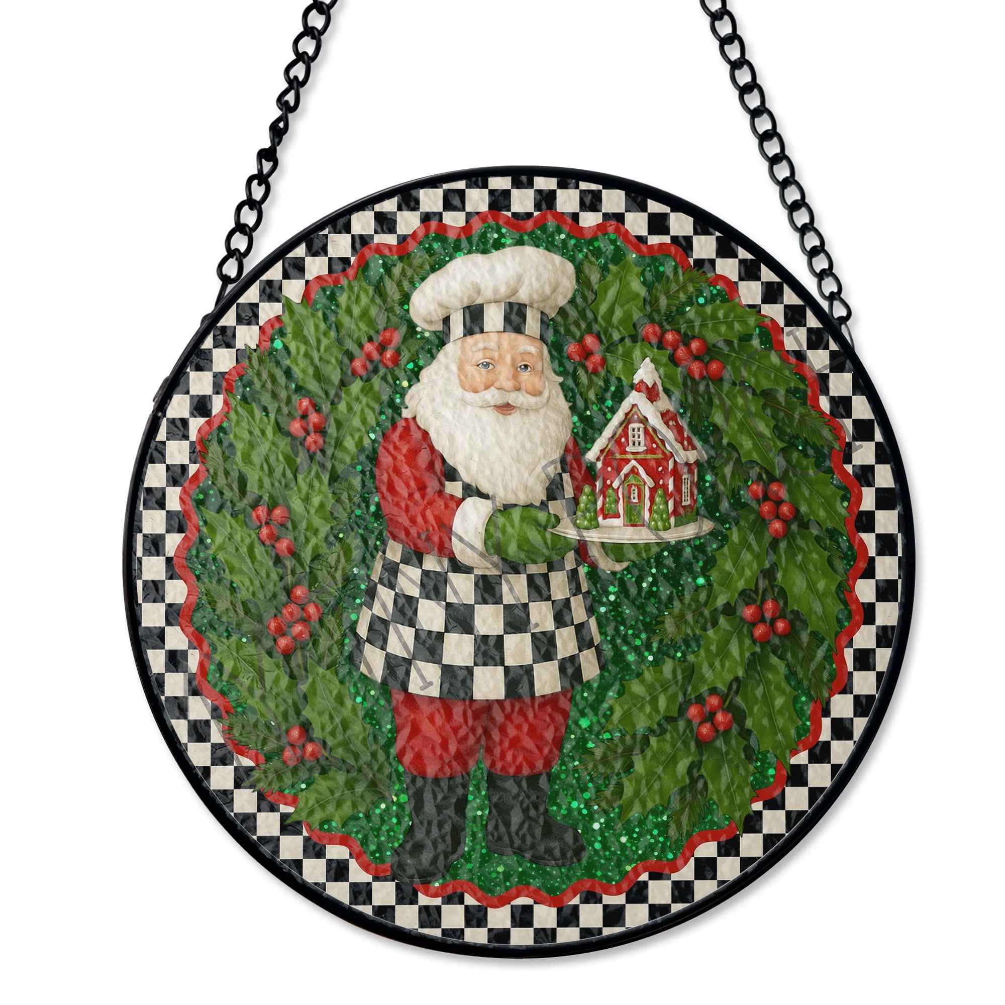 Checkered Santa Gingerbread Stained Glass Suncatcher UV Printed Glass ...