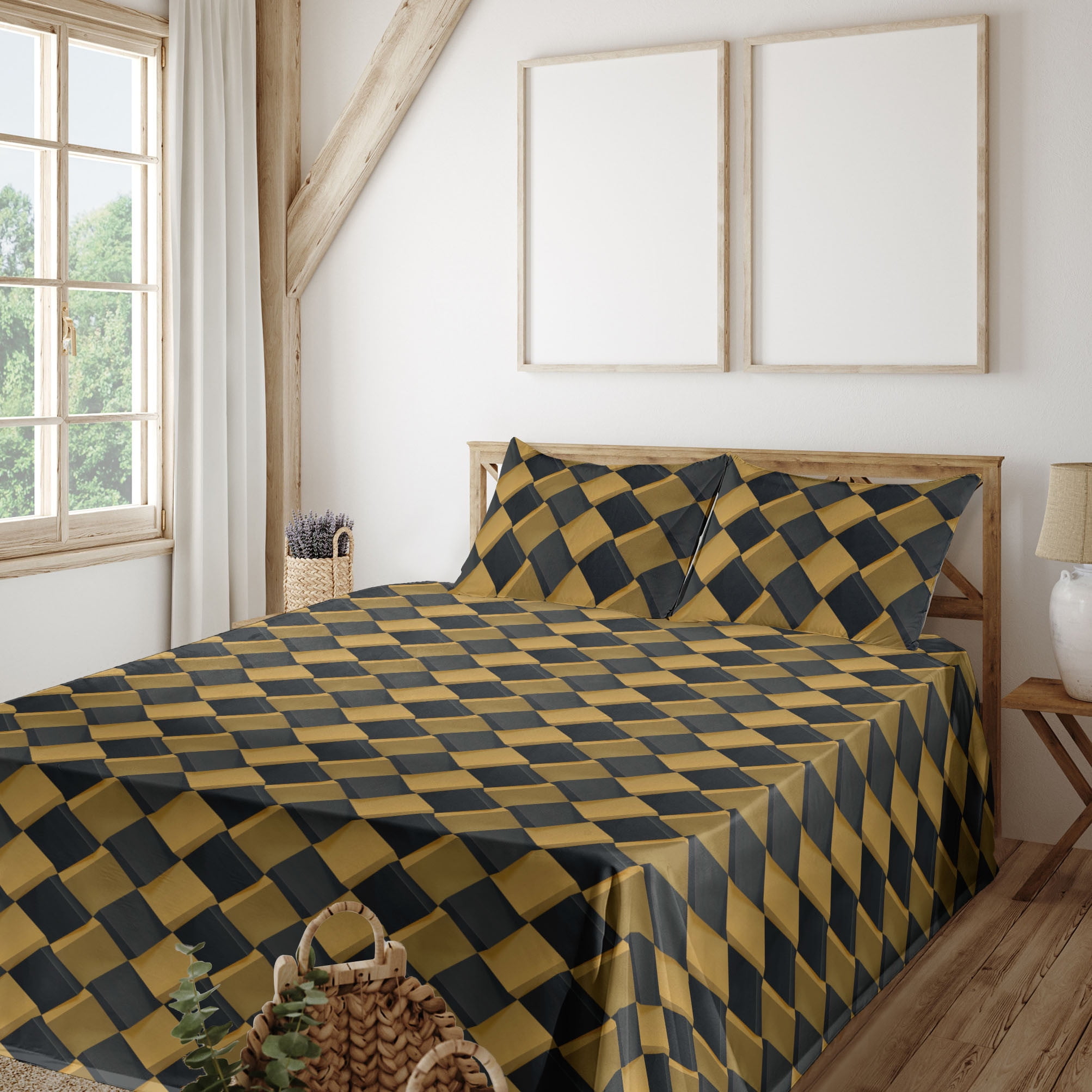 Ambesonne Checkered Fitted & Flat Sheet with Shams 4 Pcs Set, Vintage ...