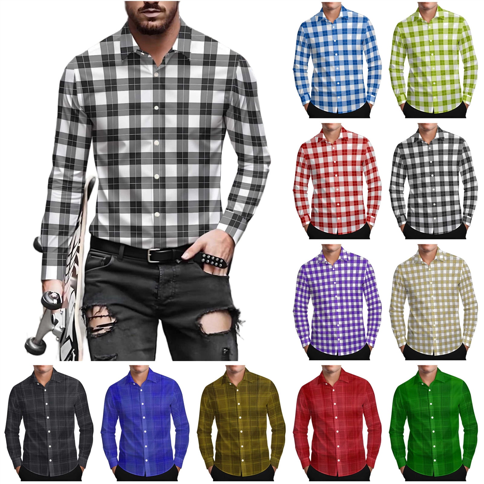 Checkered Shirts for Men Casual Button Down Lapel Work Tops Fashion ...