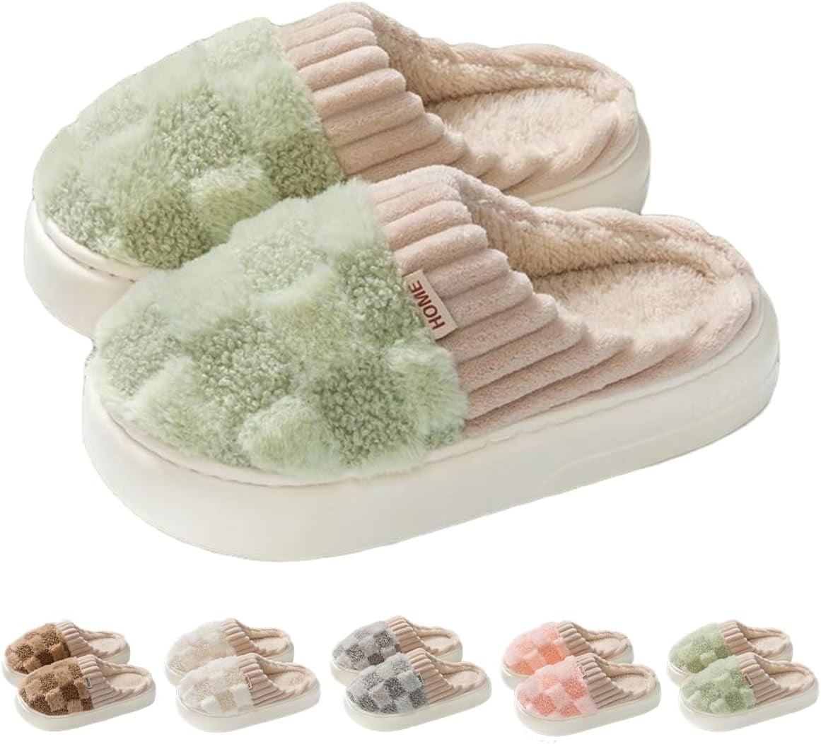 Checkered Slipper House Slippers for Women Men Plush Warm Fuzzy ...