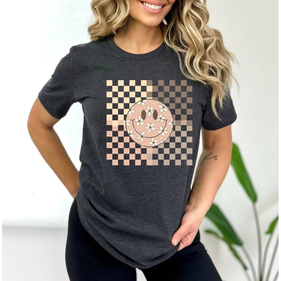 Checkered Smiley Face T-Shirt: Trendy Graphic Tee - Walmart.com