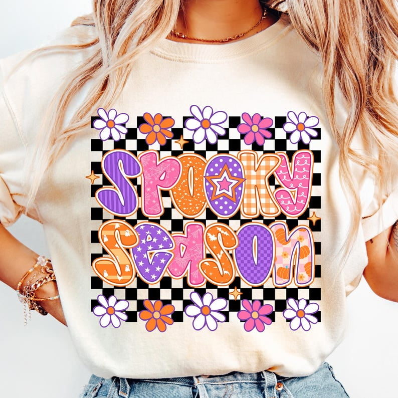 Checkered Spooky Season T-Shirt Floral Halloween Coquette Ghost Preppy ...