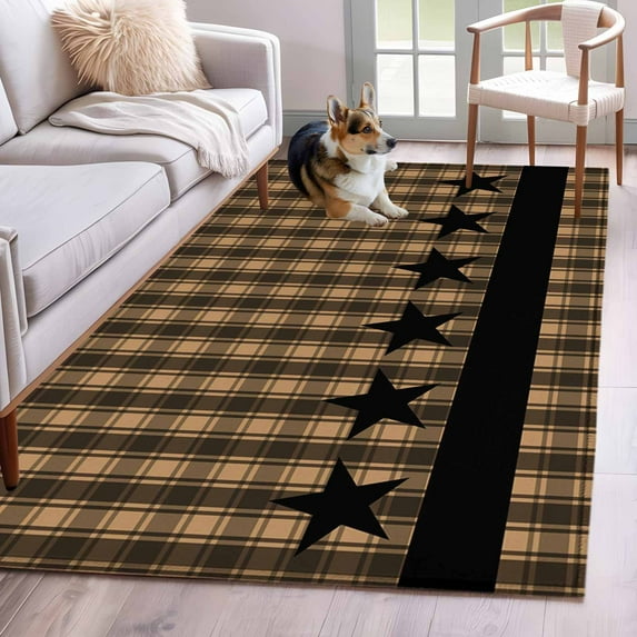 Checkered Stars Area Rugs 4x6 ft Retro Brown Black Plaid Art Washable ...