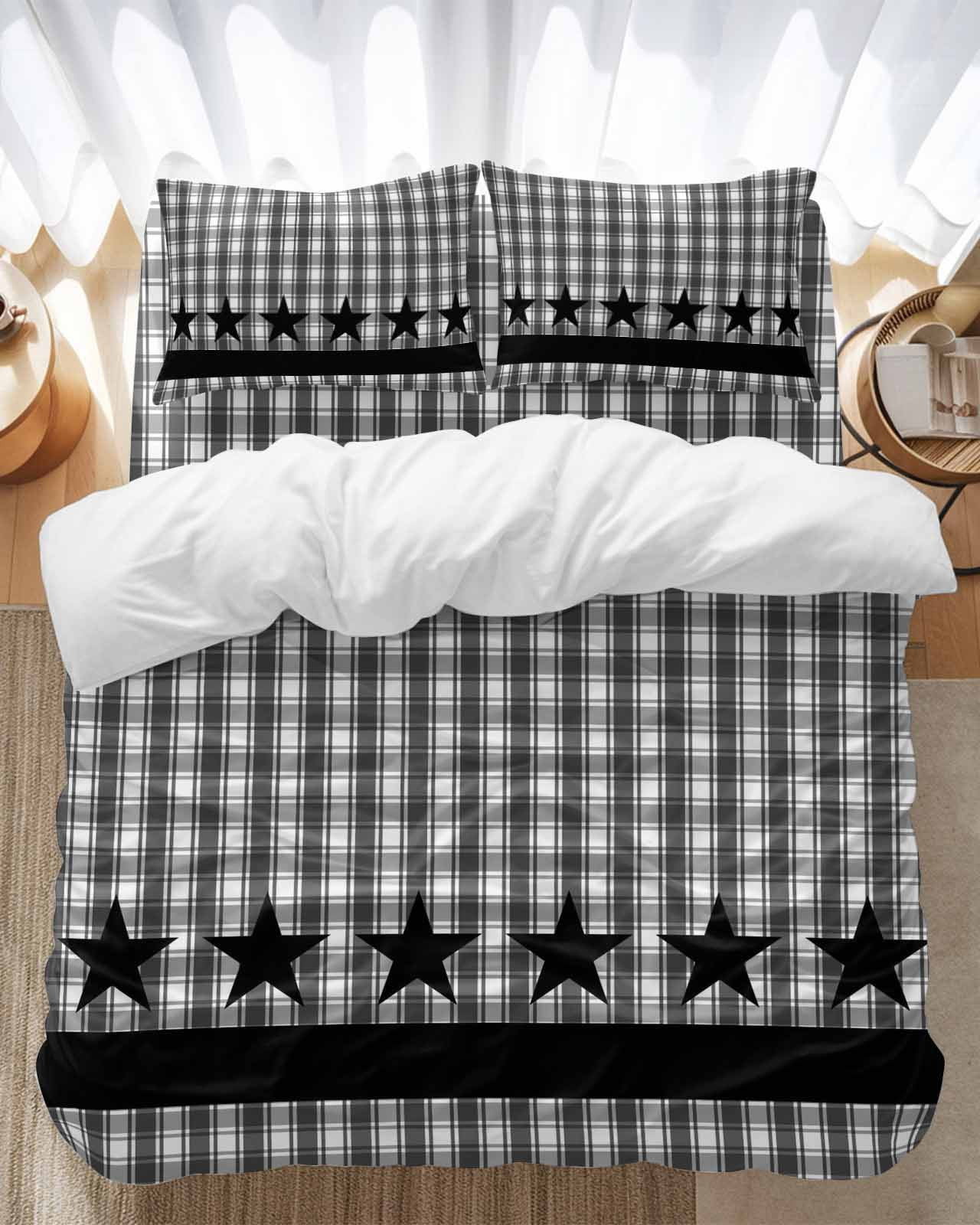 Checkered Stars Bedding Duvet Cover Set Queen Size 4 Pieces White Green ...