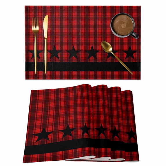 Checkered Stars Cotton Linen Placemats Set of 8, Retro Red Black Plaid ...