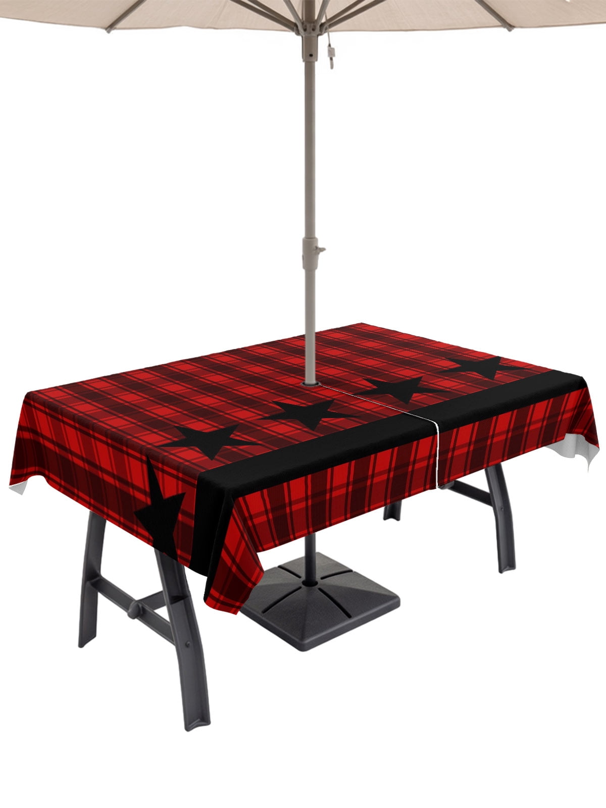 Checkered Stars Rectangle Outdoor Tablecloth with Umbrella Hole Retro ...