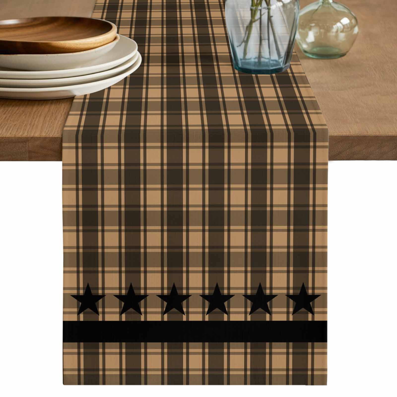 Checkered Stars Table Runner, Retro Brown Black Plaid Art Cotton Linen ...