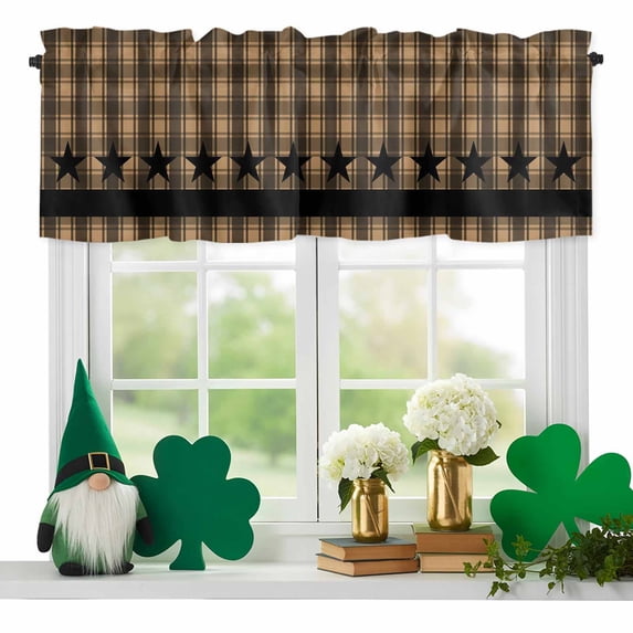 Checkered Stars Valances for Windows, Retro Brown Black Plaid Art Rod ...