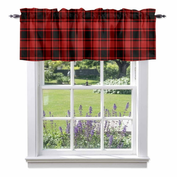 Checkered Stars Valances for Windows, Vintage Red Black Plaid Art ...
