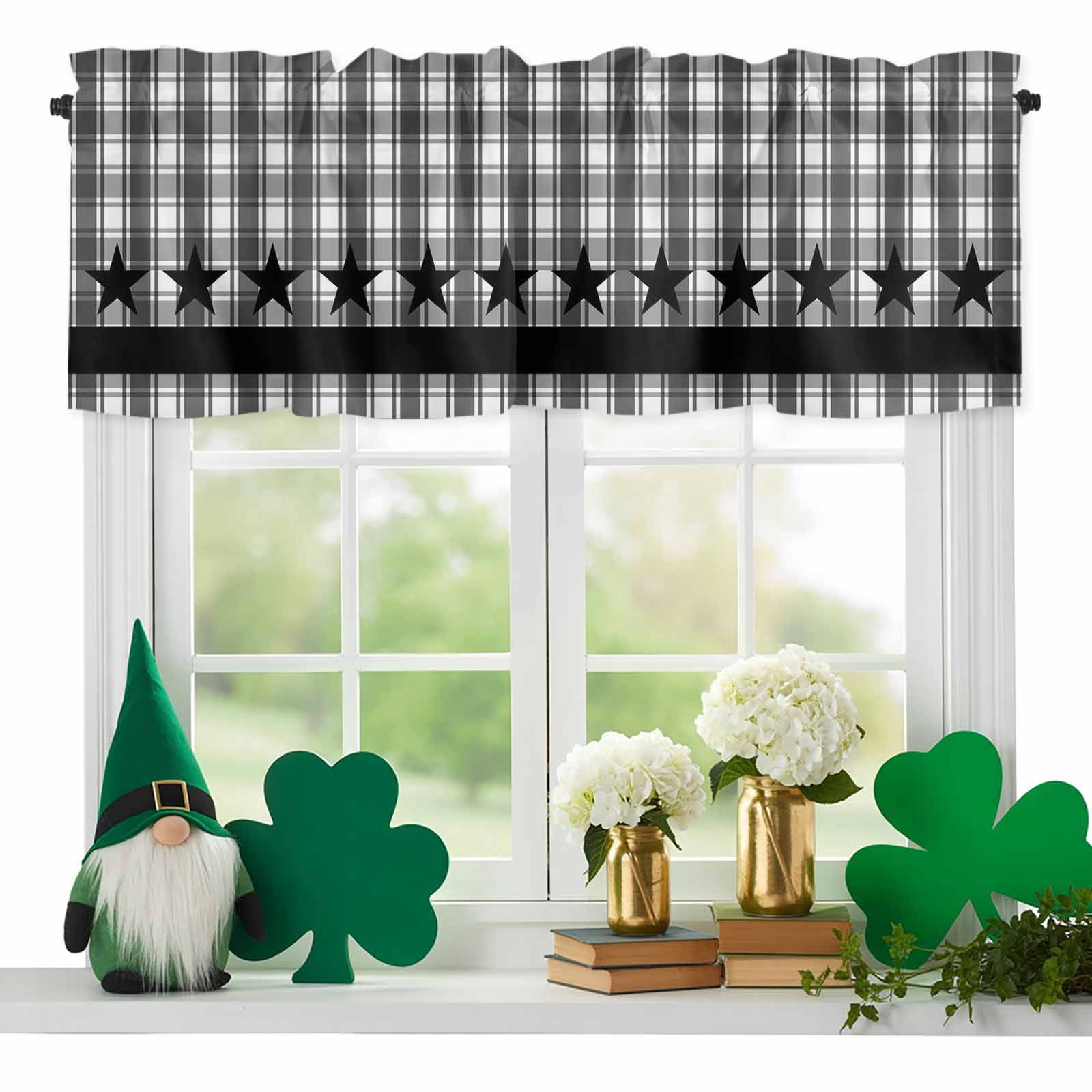 Checkered Stars Valances for Windows, White Green Black Plaid Art Rod ...