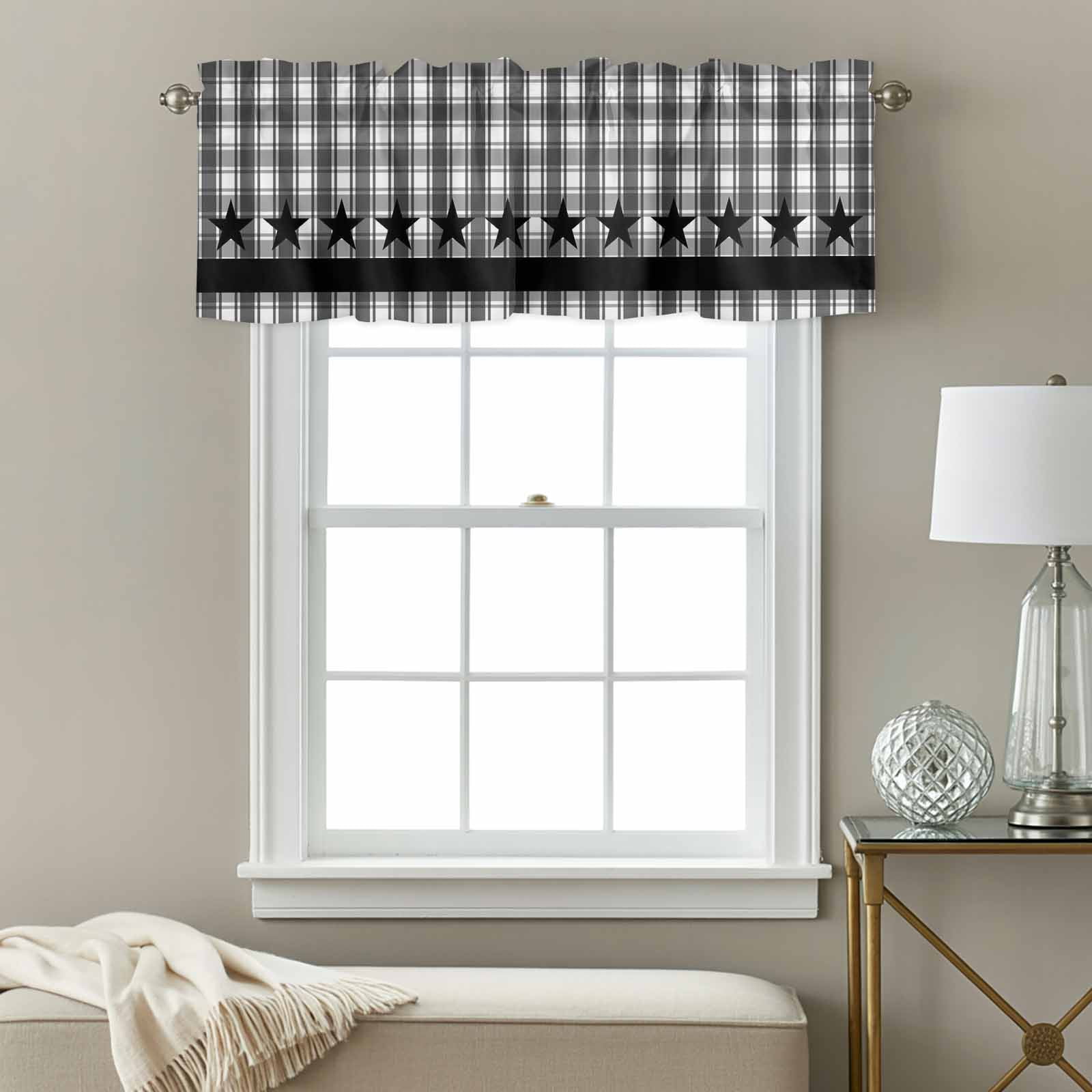 Checkered Stars Window Valance for Kitchen, White Green Black Plaid Art ...